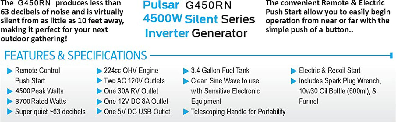 Pulsar Products G450RN, 4500W Portable Quiet Inverter Remote Start ...