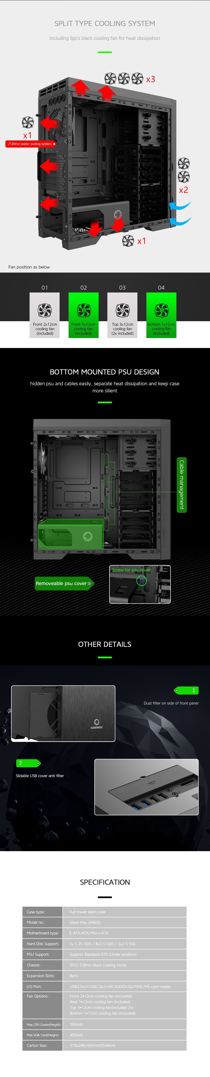 GAMEMAX Silent Max Black Aluminum ATX Full Tower Gaming Computer Case w ...