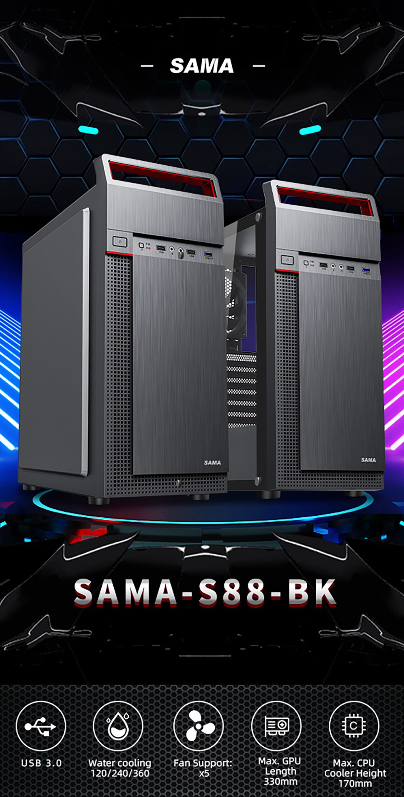 SAMA Sama-S88-BK Black ATX Mid Tower USB3.0 Computer Case w/3 x 120mm ...
