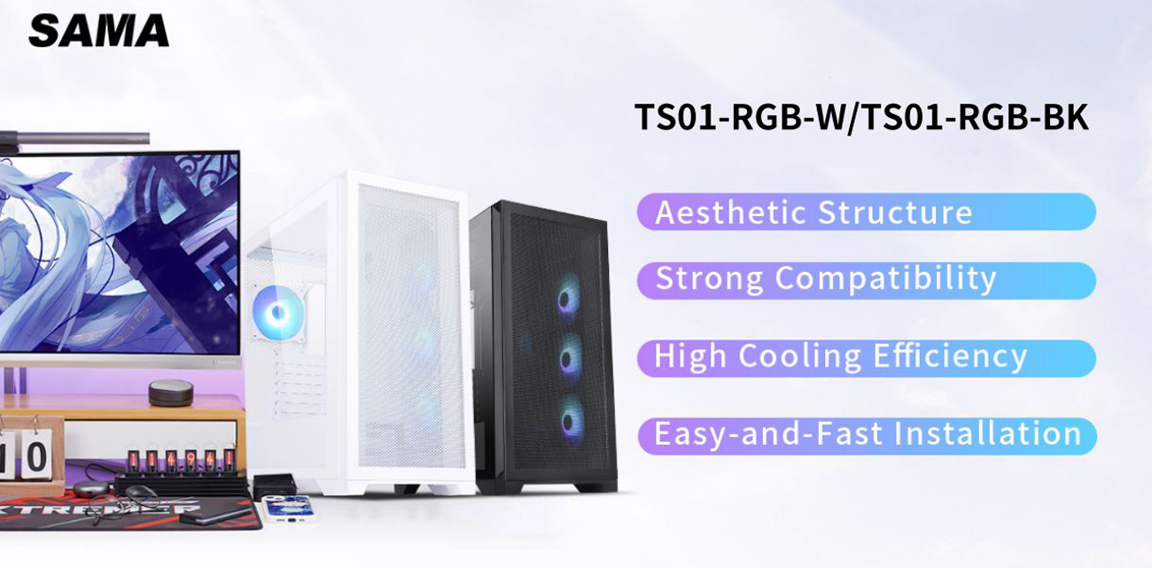 Sama TS01-RGB-BK Black Dual USB3.0 and Type C Tempered Glass ATX Full ...