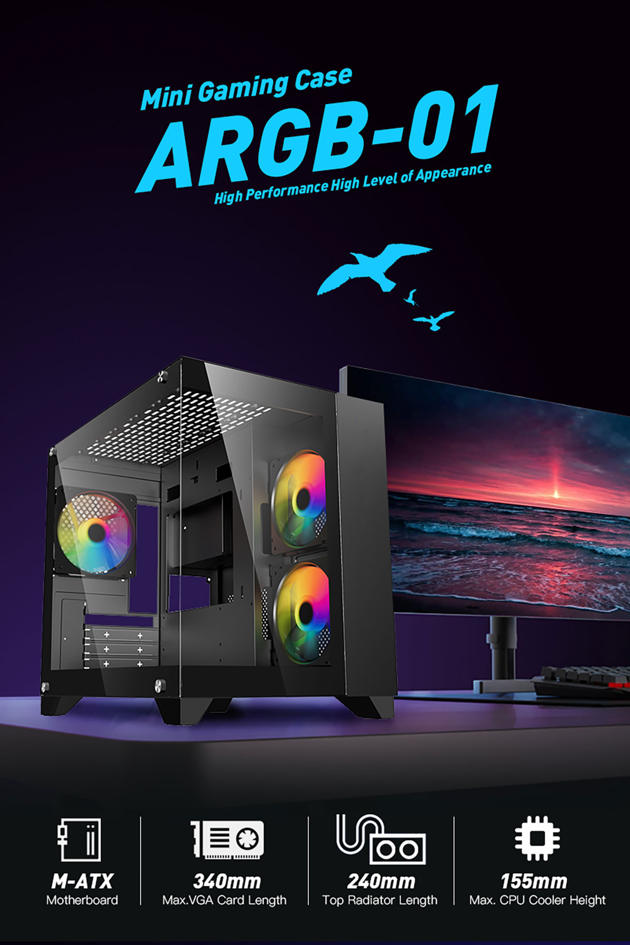 DIYPC ARGB-Q01-Bk Black USB3.0 Tempered Glass Micro ATX Gaming Computer ...