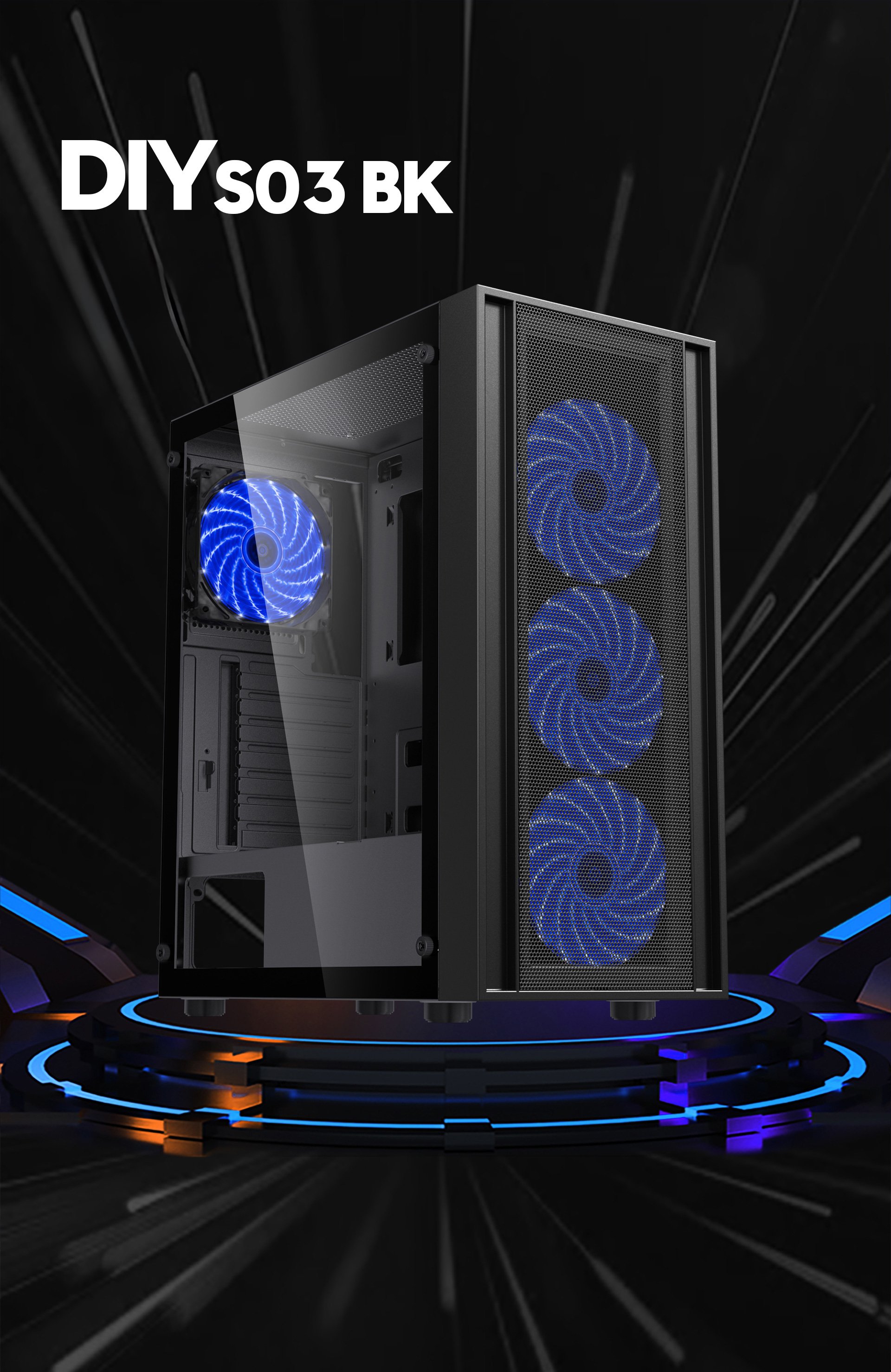 DIYPC DIY-S03-BK Black USB3.0 Steel/ Tempered Glass ATX Mid Tower ...