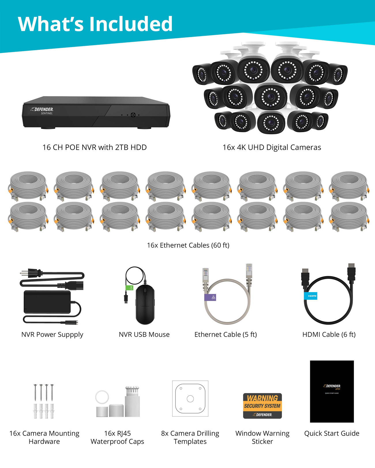 Defender Sentinel 4K Ultra HD POE Wired NVR Security System with 16 ...