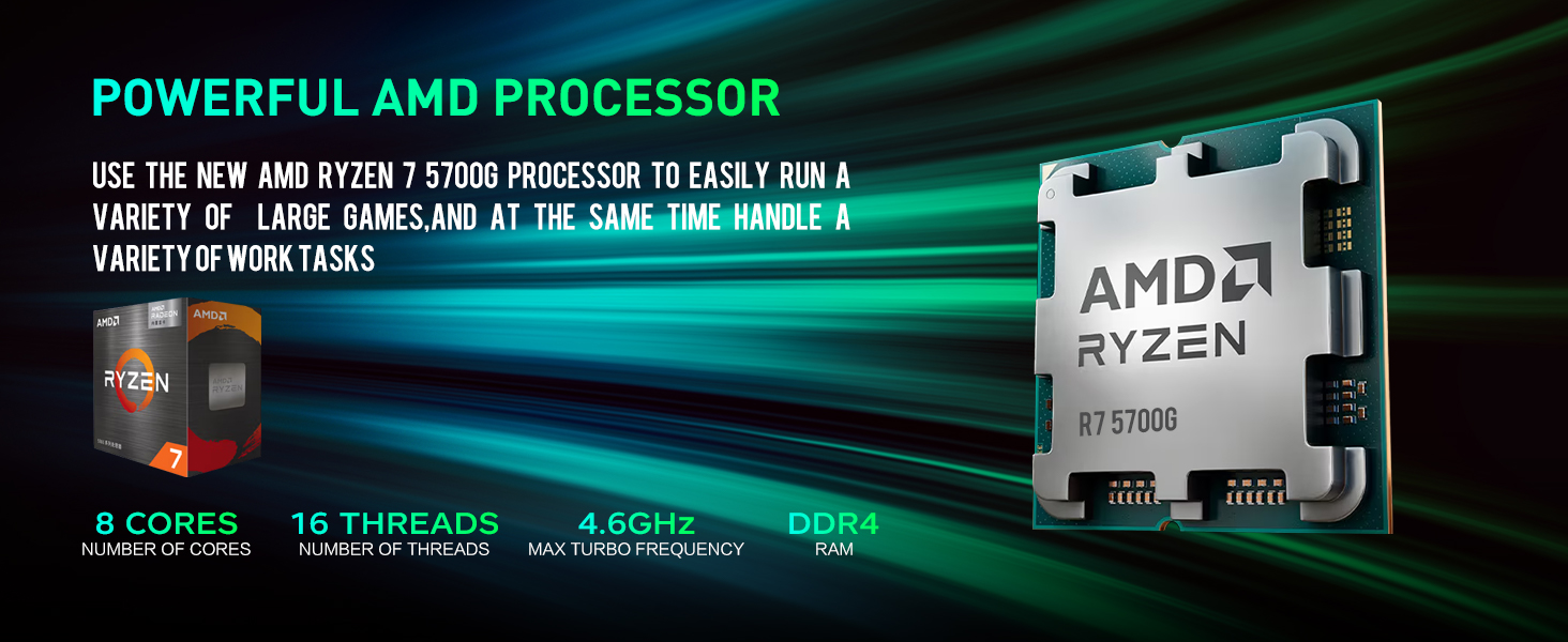 HZG Gaming Desktop Computer PC,AMD Ryzen 7 5700G, 16GB RAM and 1TB NVMe M.2 SSD, WiFi6 ARGB Fan ...
