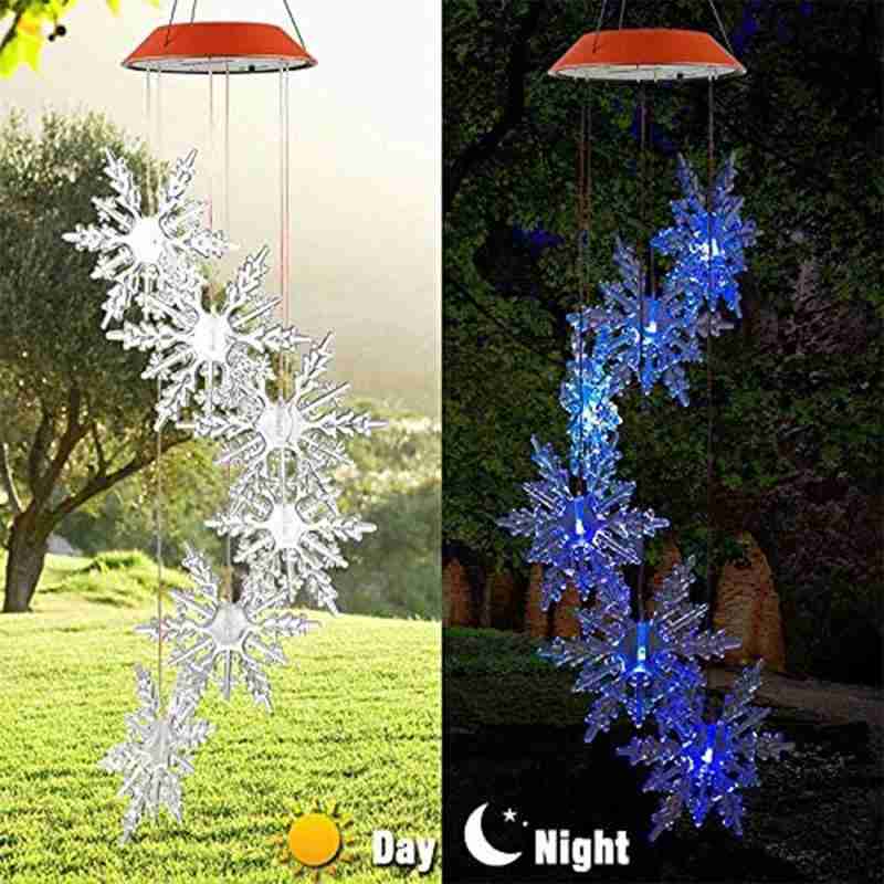 Solar Colorful Snowflake Wind Chimes Outdoor - LED Changing Light Color ...