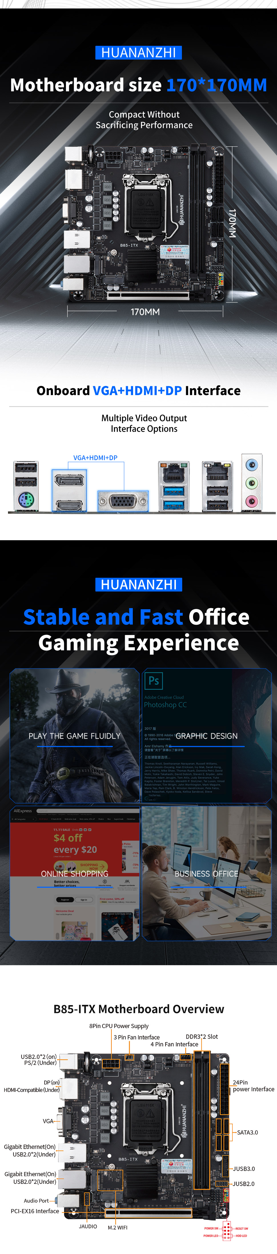 HUANANZHI B85 ITX Motherboard ITX LGA 1150 i3 i5 i7 E3 DDR3 1600MHz 16GB M.2 SATA USB3.0 VGA DP ...