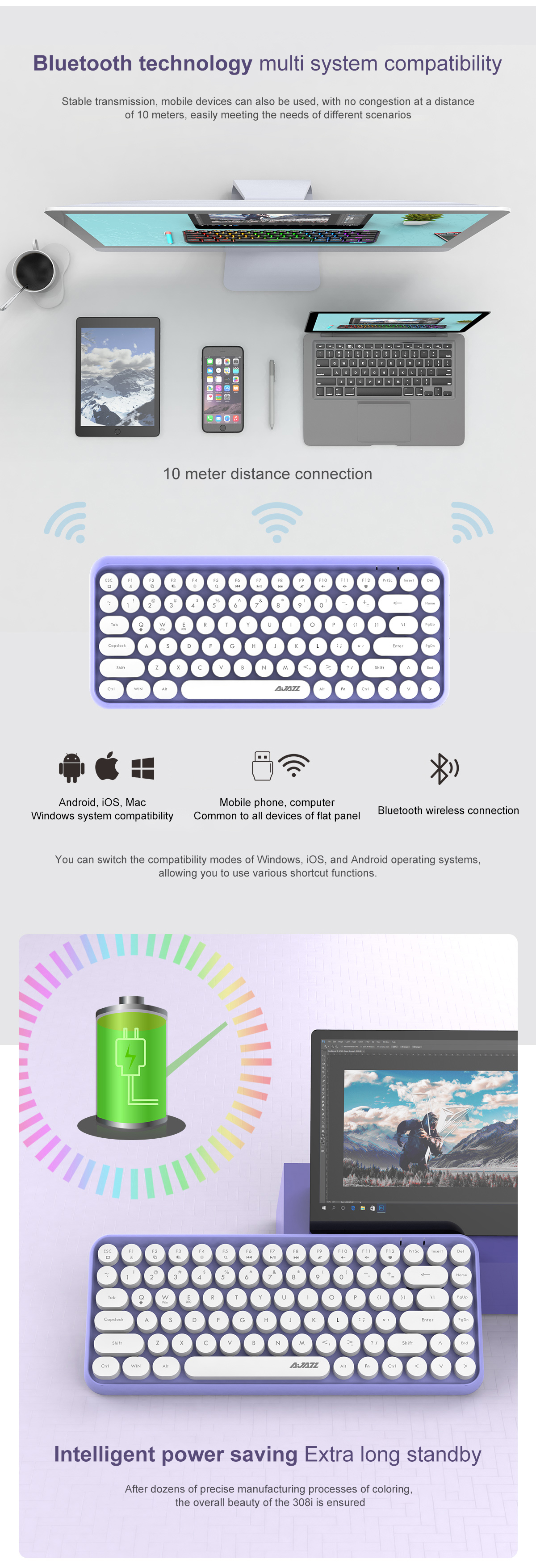 AJAZZ 308I Wireless Bluetooth Keyboard with Compact 84 Keys Cute Retro ...