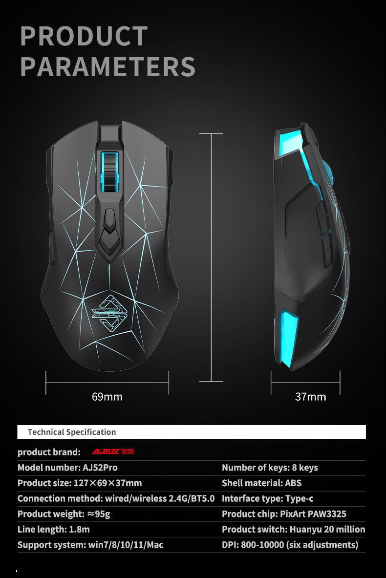 Ajazz Aj52Pro RGB 2.4G Wireless Gaming Mouse Rechargeable Bluetooth ...