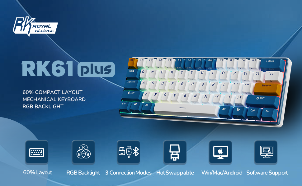 RK ROYAL KLUDGE RK61 Plus Wireless Mechanical Keyboard, Bluetooth/2.4G ...