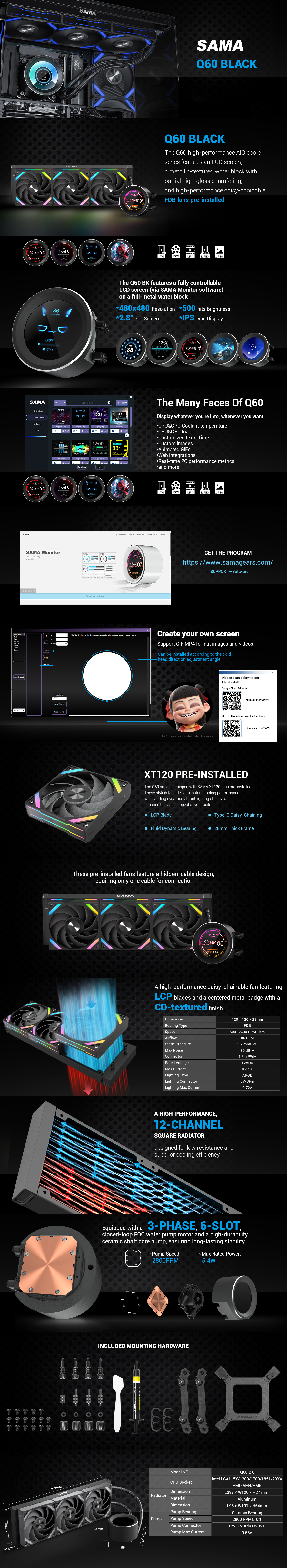 SAMA Q60 Black CPU Liquid Cooler, 360MM Liquid Water Cooling with 2.8 ...