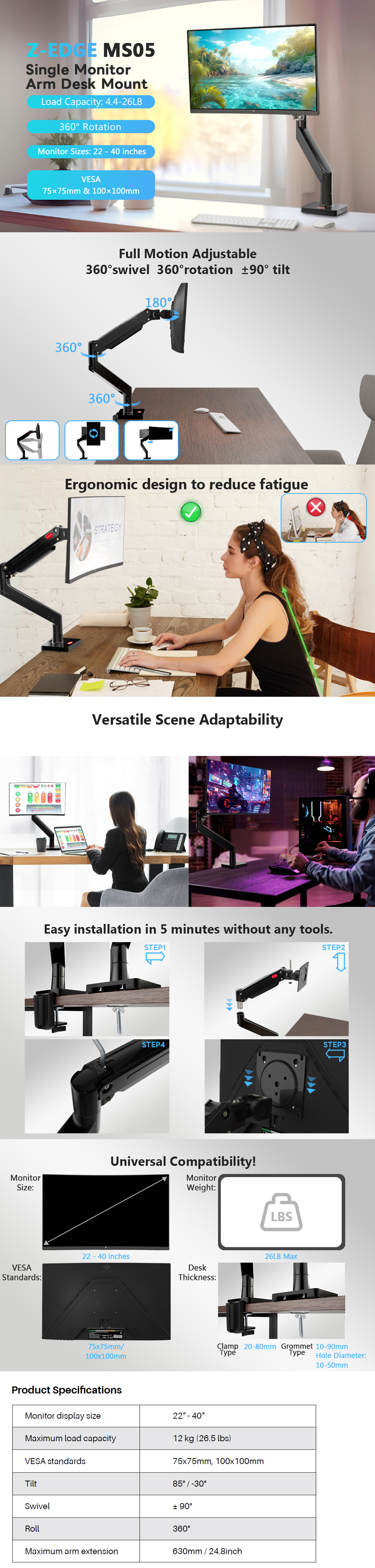 Z-EDGE MS05 Single Mount Stand Arm, Supports 22"- 40" monitors and 26 lbs, 360° Adjustable, VESA ...