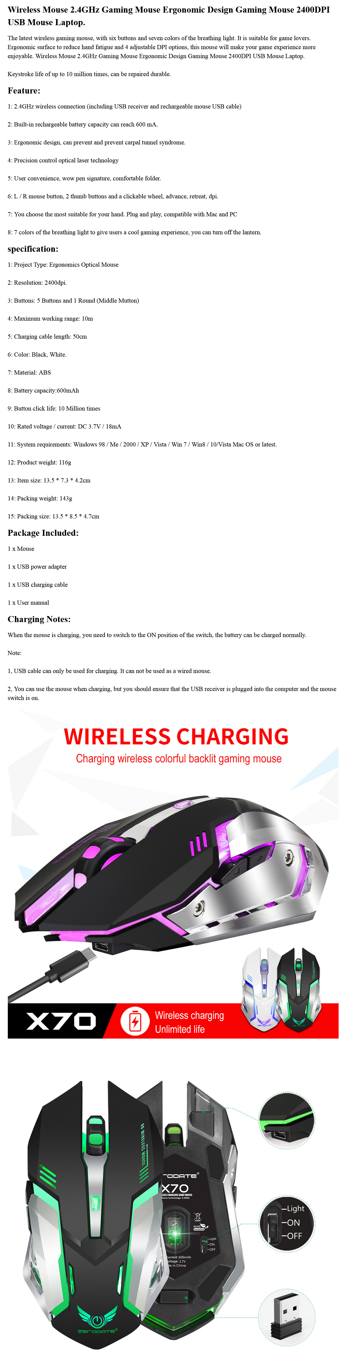 ZERODATE X70 Dual-Mode Gaming Mouse 2400DPI Wireless Mouse Slient Button Computer Mouse Mice ...