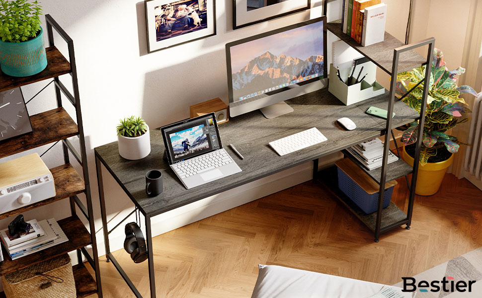 Bestier 63 Inch Computer Desk with Storage Shelves, Modern Bookshelf ...