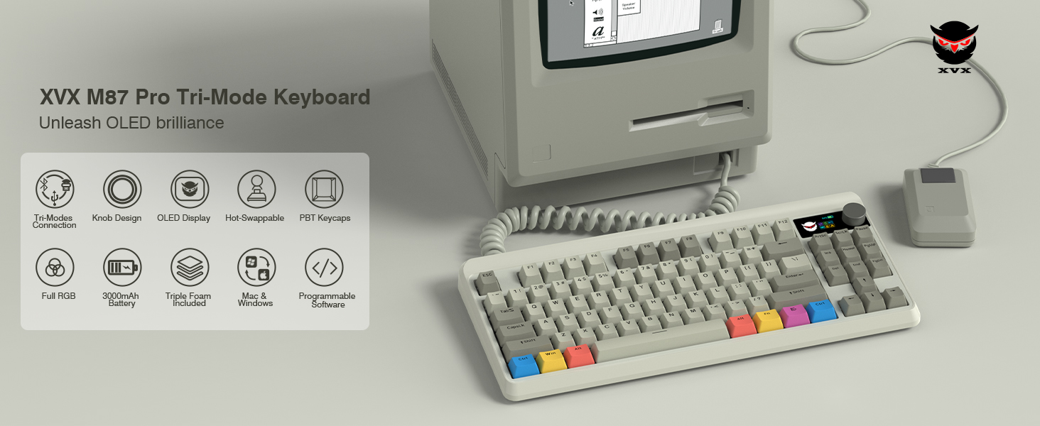 XVX M87 Pro Tri-Mode OLED Display Mechanical Keyboard (Coral Sea/Retro ...