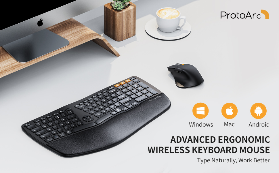 ProtoArc EKM01 Ergonomic Bluetooth Keyboard Mouse, Split Design, Palm ...