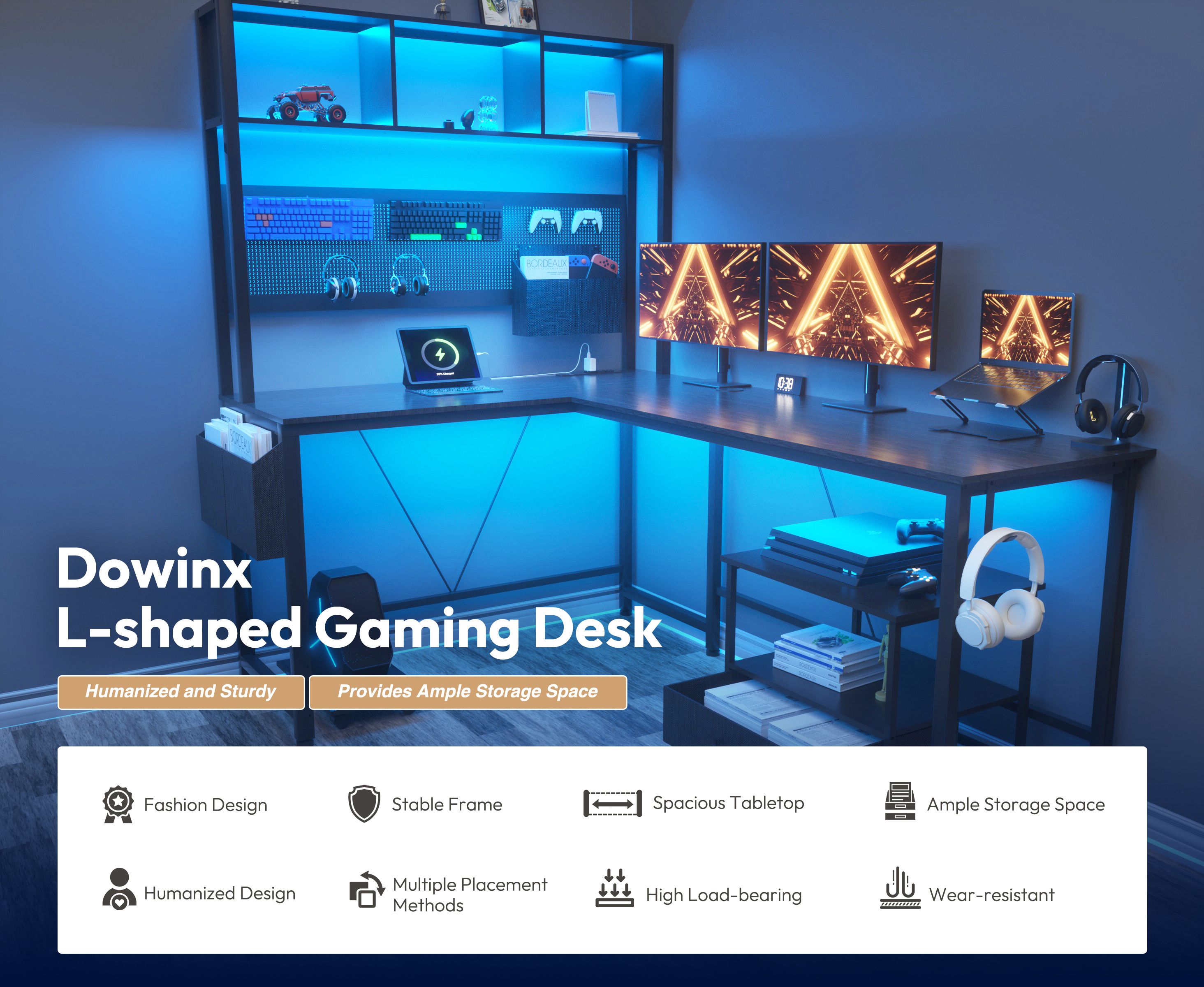 Dowinx L Shaped Gaming Desk with Led Light and Pegboard 94.5 Inch ...