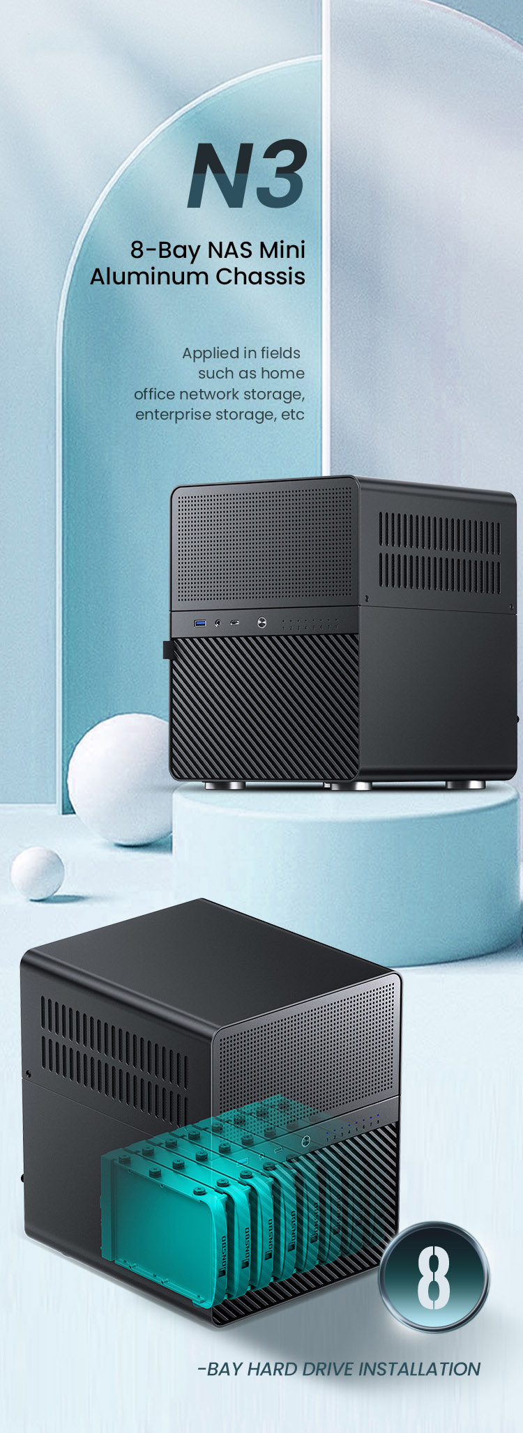 N3 8-Bay NAS Case Mini ITX Aluminum Chassis Applied in Fields Network ...