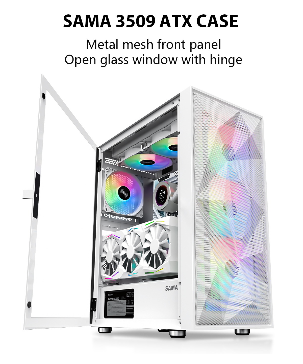 SAMA 3509 Mid Tower Gaming PC Computer Case White, Door Open Tempered ...