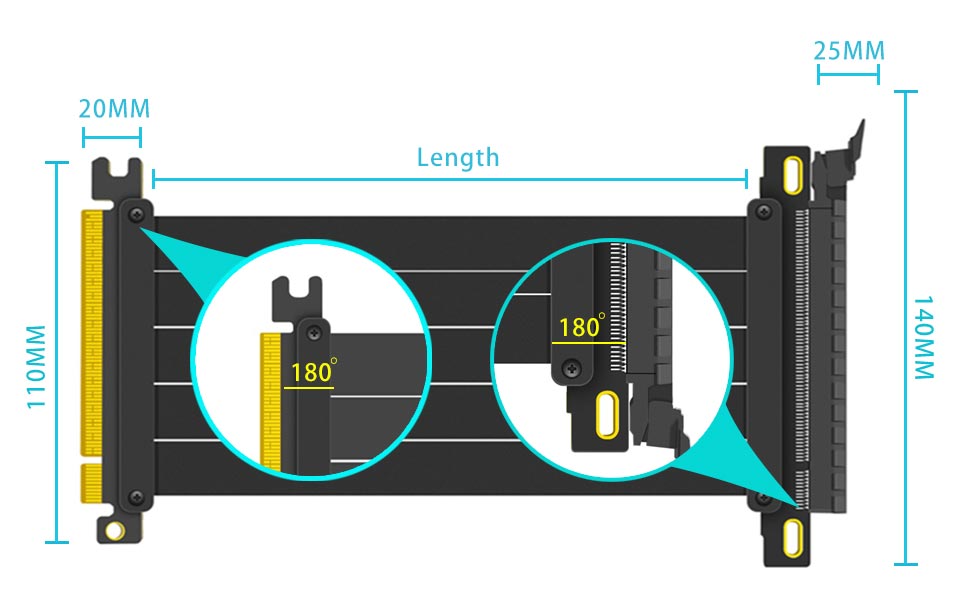 GLOTRENDS PCIe 4.0 X16 GPU Riser Cable Length 600mm, Female 180 Degree ...