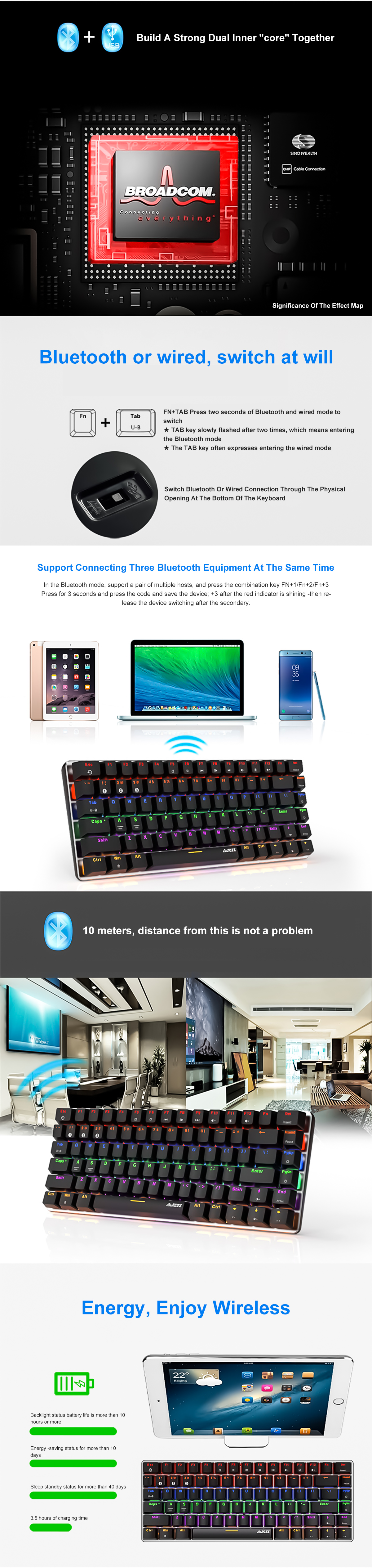 AJAZZ AK33 Mechanical Gaming Keyboard Bluetooth,Mixed Lighting Modes,82 Keys 100% Anti-Ghosting ...