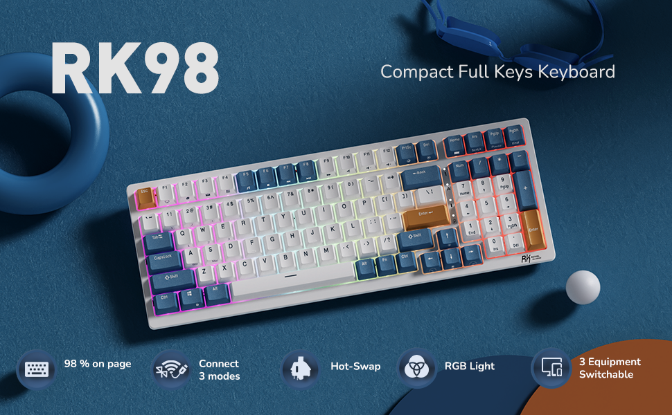 RK ROYAL KLUDGE RK98 Wireless Mechanical Keyboard Triple Mode 2.4G/BT5 ...