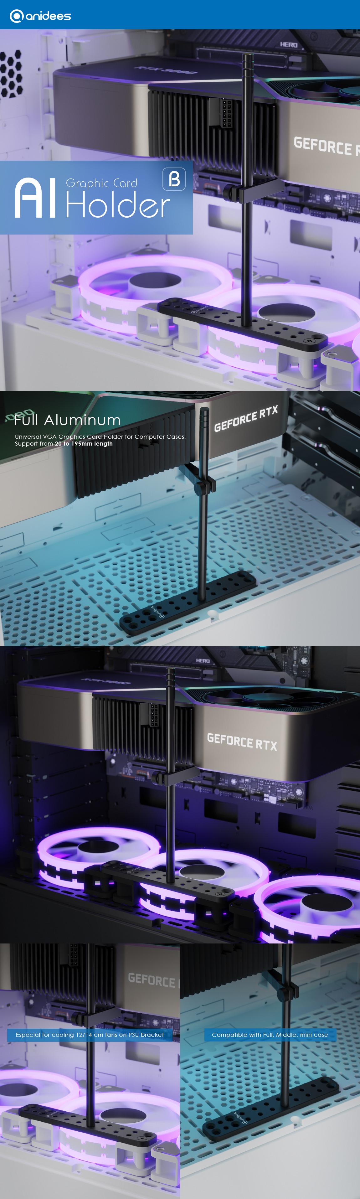 anidees Graphics Card Brace GPU Support Bracket, Full Aluminum Holder ...