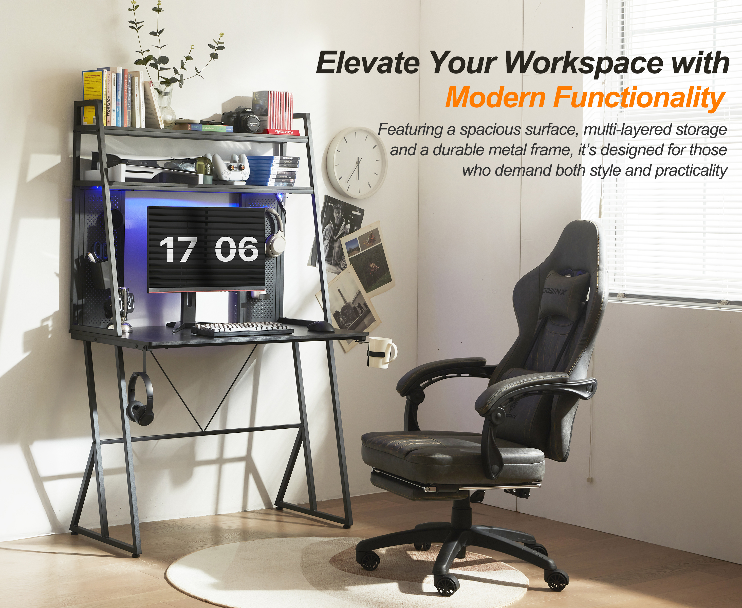 Dowinx Gaming Desk with Pegboard and LED Lights - 40 Inch Compact Computer Desk with Storage ...