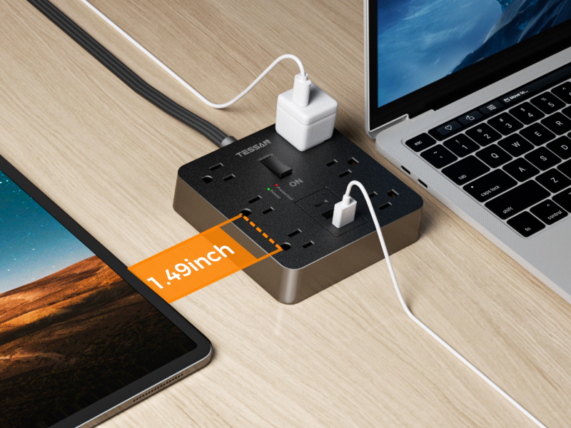 Black Surge Protector Power Strip, TESSAN Flat Plug Extension Cord 5 FT ...