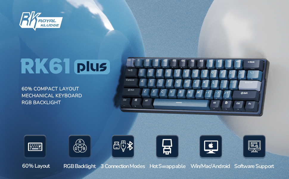 RK ROYAL KLUDGE RK61 Plus Wireless Mechanical Keyboard, 60% Gaming ...