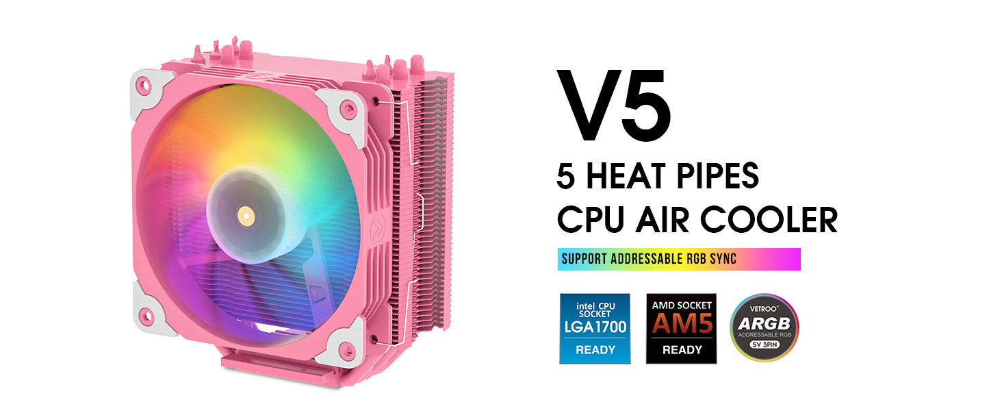 Vetroo V5 Pink CPU Air Cooler with 5 Heat Pipes 120mm PWM Processor ...