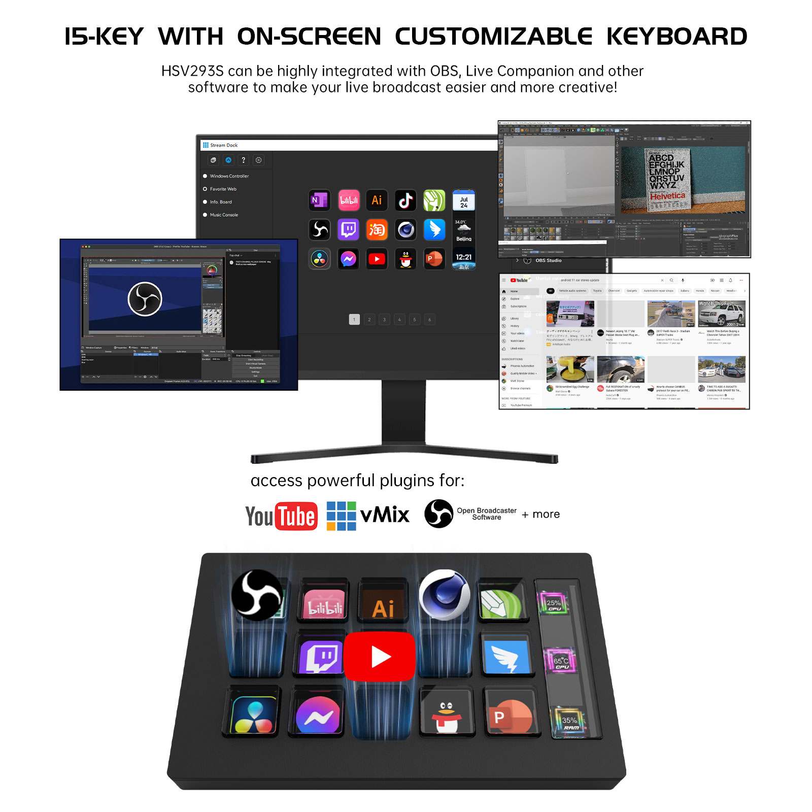 iHTP LCD Shortcut Stream Controller, 15 macro keys, trigger actions in apps and software like ...
