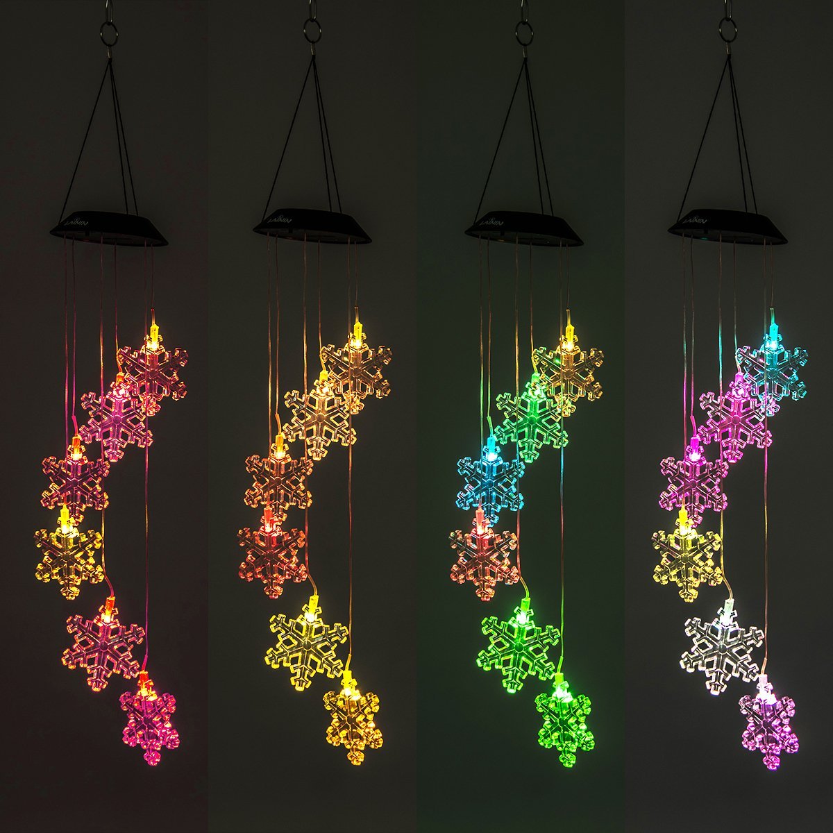 Solar Colorful Snowflake Wind Chimes Outdoor - LED Changing Light Color ...