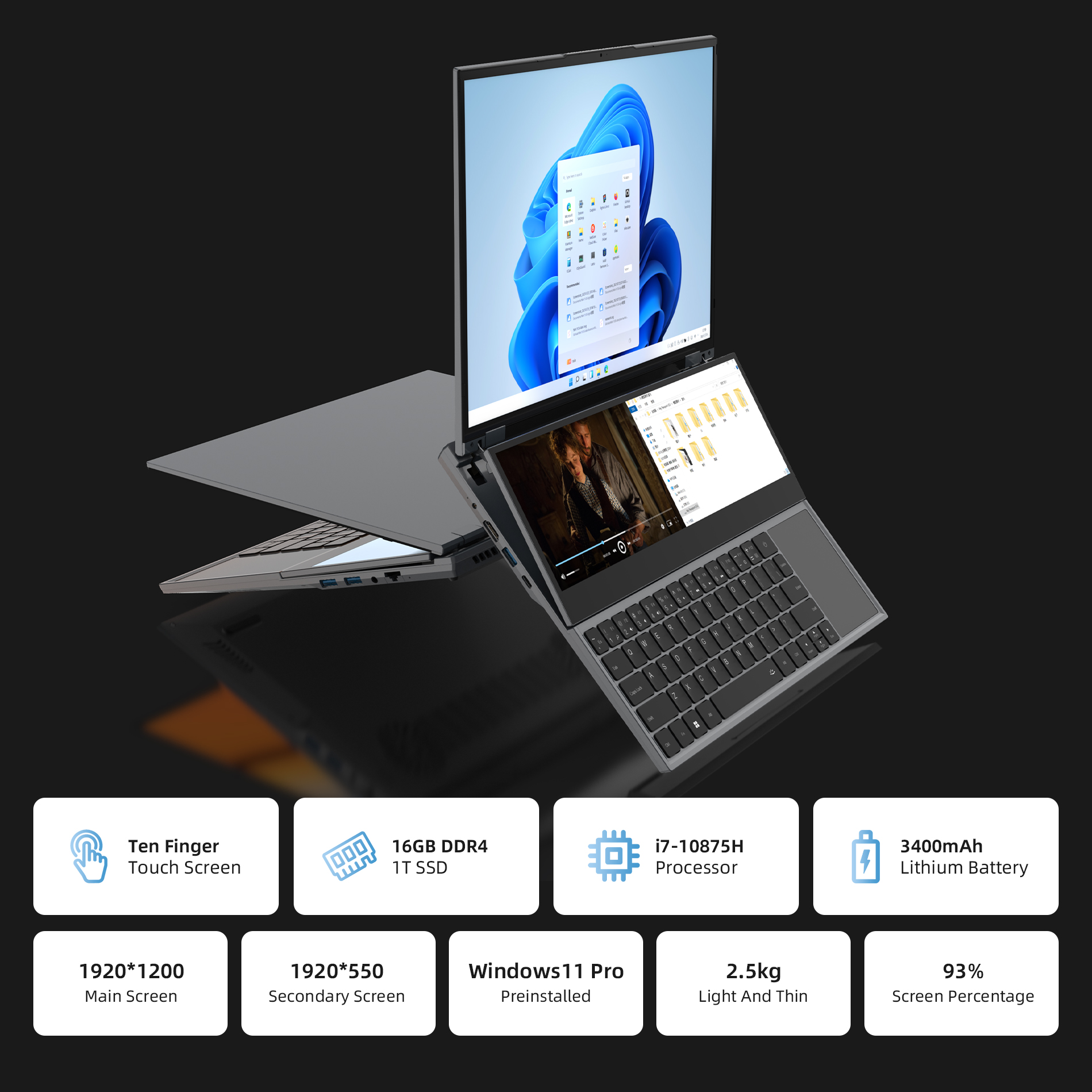 JSHIX Business Laptop Windows 11 Pro dual screen,main screen16" and 14 ...