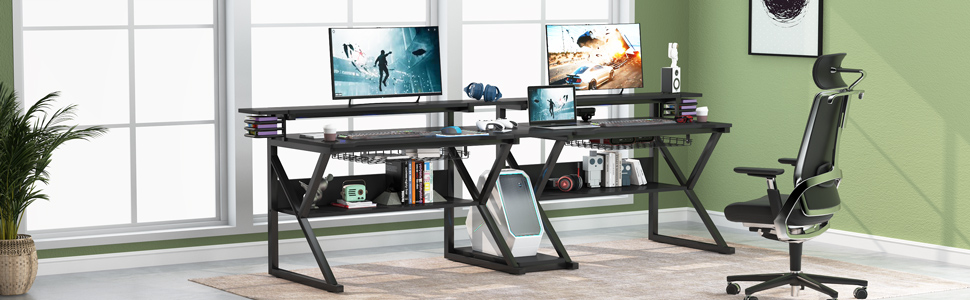 Tribesigns Double Gaming Desk with Hutch Monitor Stand Riser, 102-Inch ...