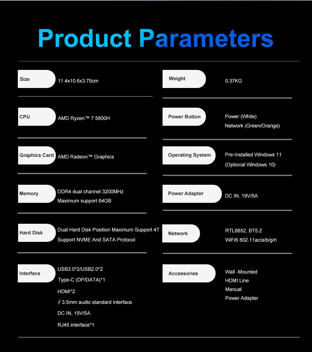GenMachine Mini PC AMD Ryzen 7 5800H,32GB RAM 1TB M.2 NVMe SSD,Radeon Vega8,USB3.0*2,USB2.0*2 ...