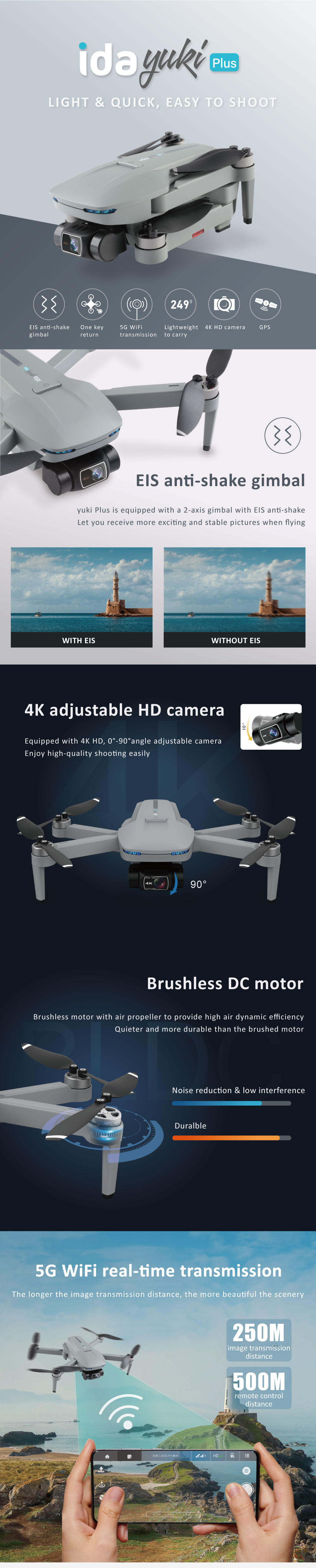 ida drone yuki Plus 4K HD- 249g weight, GPS, One key Return, Gesture ...