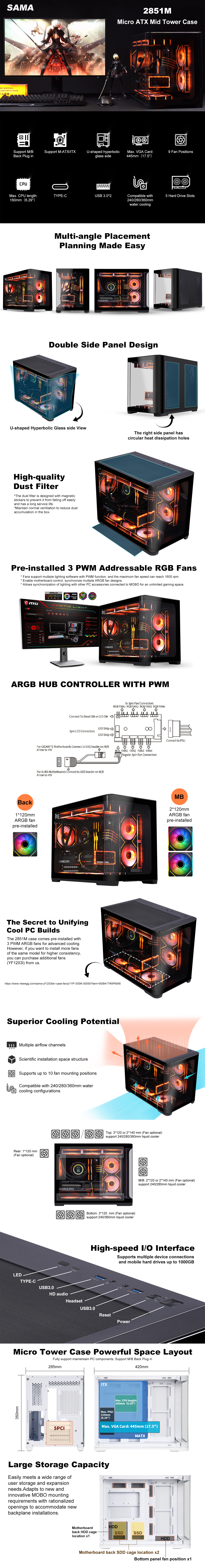 SAMA 2851M Dual USB3.0 and Type C Tempered Glass MATX Mid Tower Gaming ...