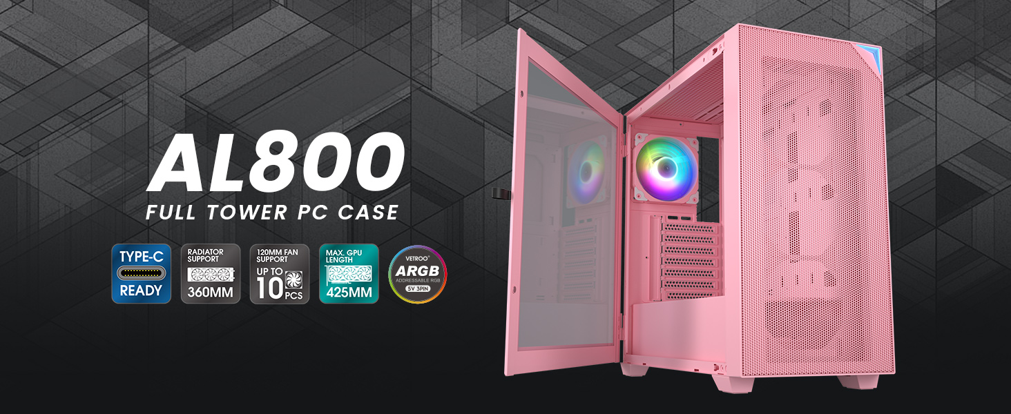 Vetroo AL800 E-ATX Full Tower PC Gaming Case with 4mm Tempered Glass Side Panel & Mesh Front ...