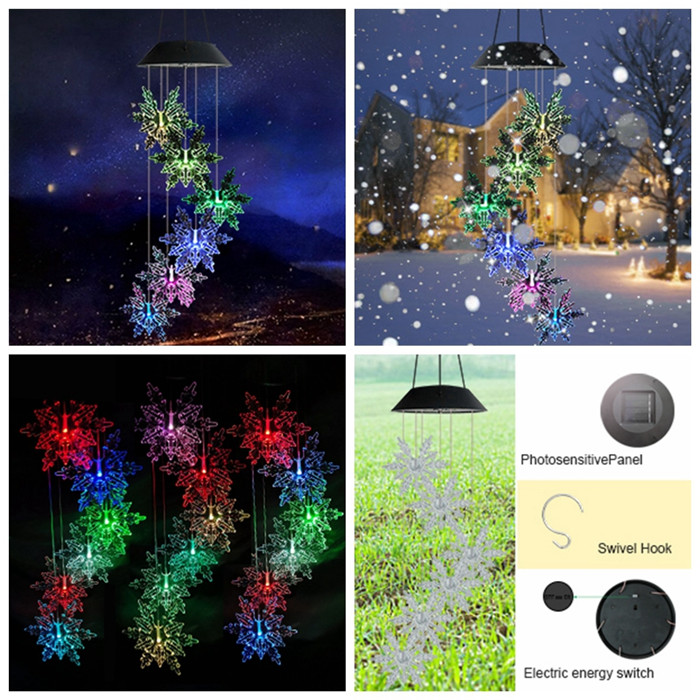 Solar Colorful Snowflake Wind Chimes Outdoor - LED Changing Light Color ...