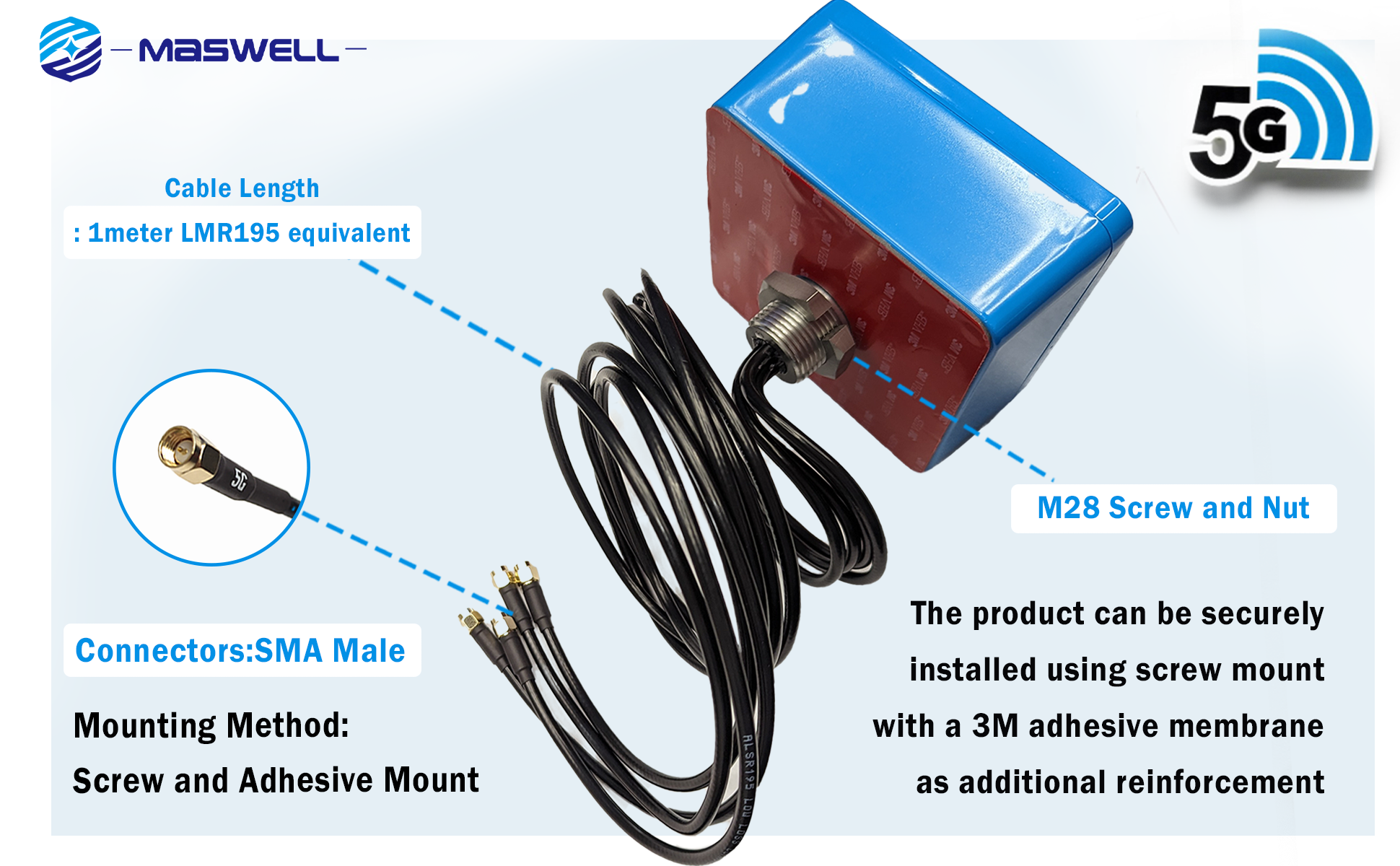 Maswell 4X4 5G MIMO Antenna Screw and Adhesive Mount 700-6000MHz ...