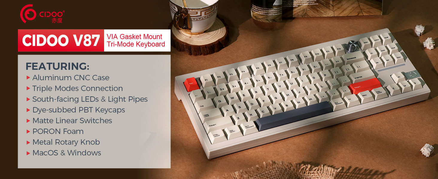 EPOMAKER CIDOO V87 VIA Programmable Mechanical Keyboard, 81 Keys Gasket Tri-Mode Bluetooth/2 ...