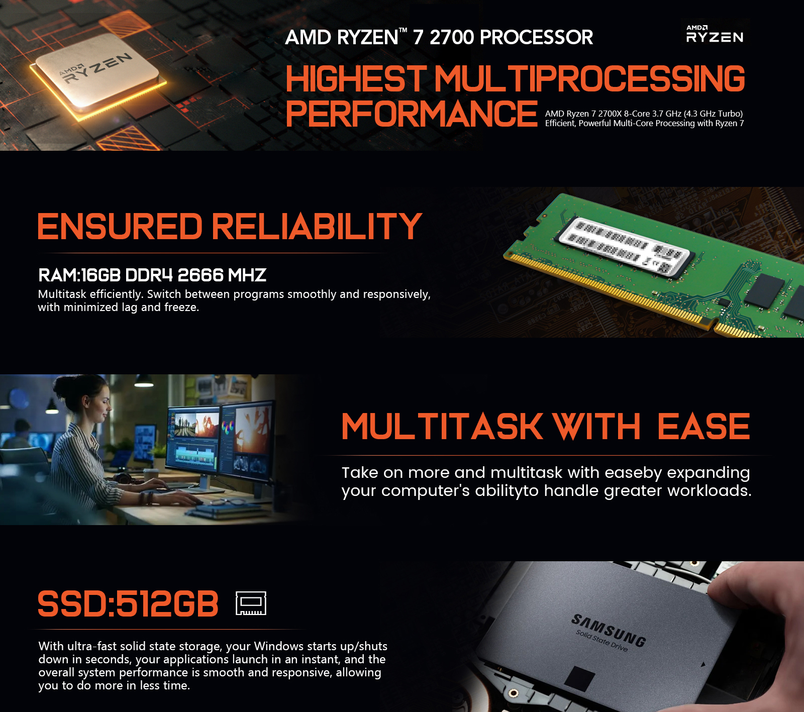 H.E. AMD Ryzen7 Desktop Computer, Ryzen7 2700 16 Threads, 4.10 GHz ...