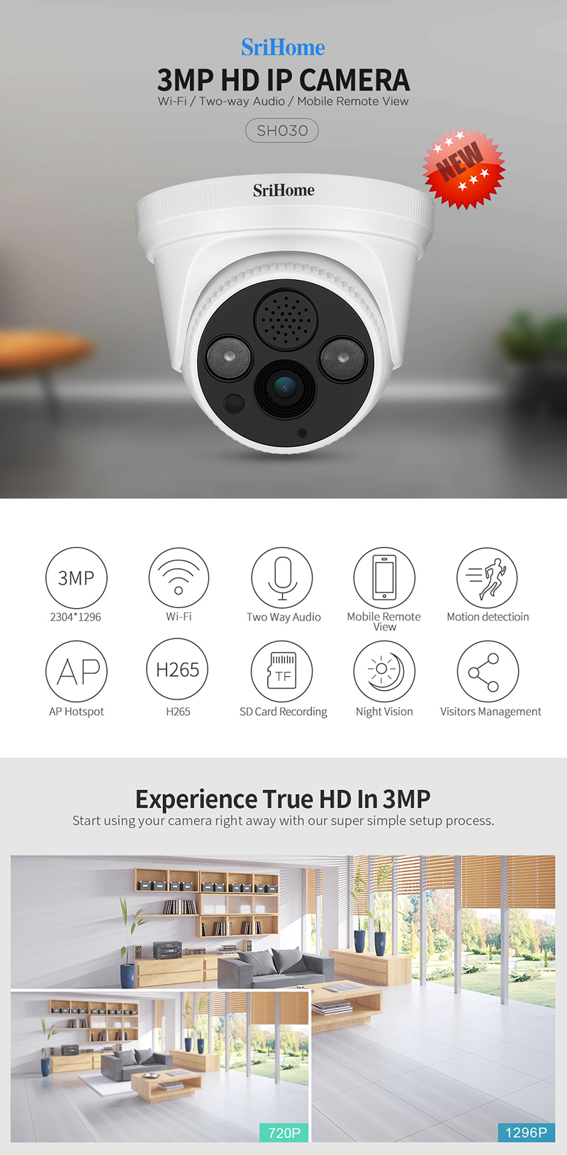 Sricam SH030 3MP H.265 Dome Wifi IP Camera AP Hotspot Two Way Audio ...