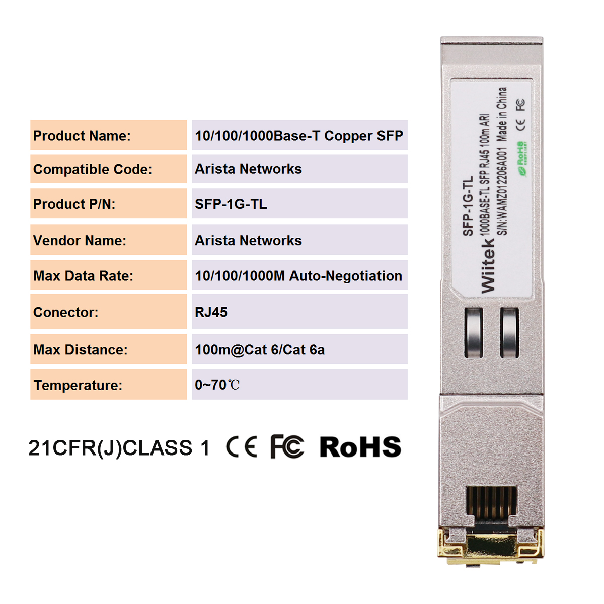 1.25G SFP-T, 10/100/1000BASE-T Gigabit Copper SFP, Wiitek SFP to RJ45 ...