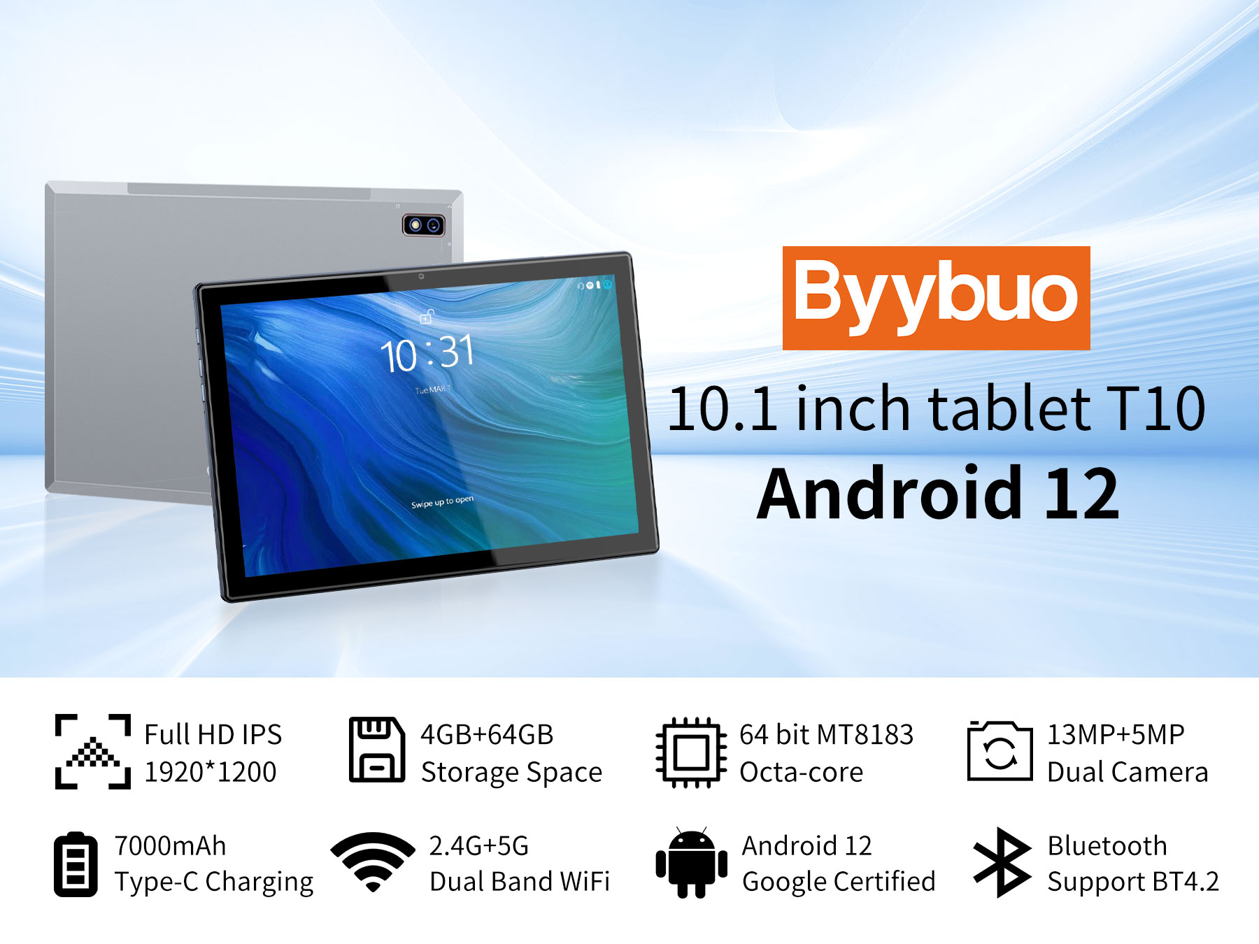 BYYBUO Tablet 10.1 inch Android 12 Tablets, 4GB RAM+64GB ROM, 1920x1200 IPS FHD Display, 7000mAh ...