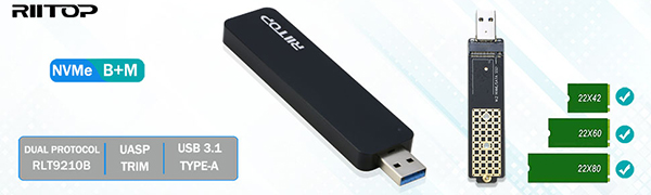M.2 to USB Enclosure Adapter, RIITOP M2 SSD to USB 3.1 (Type-A) Reader with Aluminum Case ...