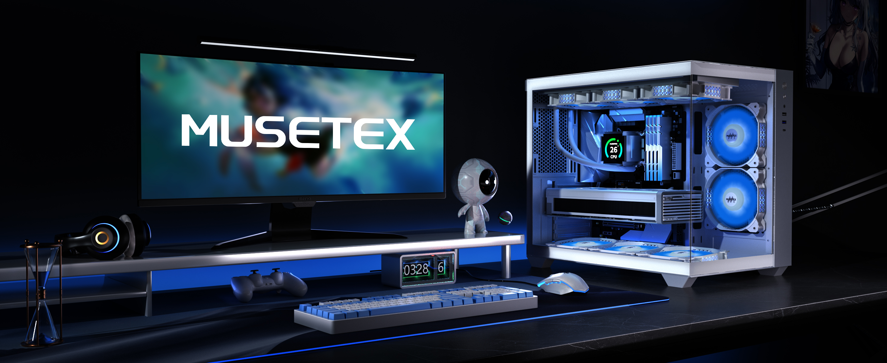 MUSETEX ATX PC Case, 5 PWM ARGB Fans Pre-Installed, 360MM RAD Support ...