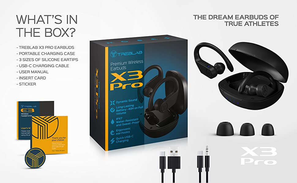 Treblab X3 Pro - True Wireless Earbuds with Earhooks - 45H Battery Life ...