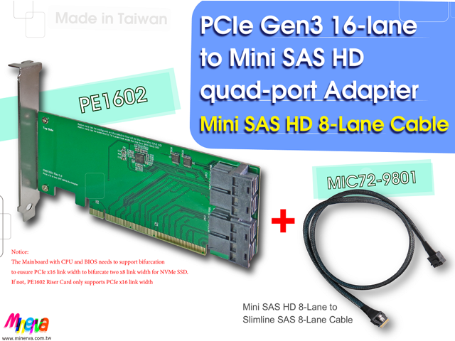 PCIe x16 Gen3 to Mini SAS HD (SFF-8643) quad-port Adapter with Mini SAS ...
