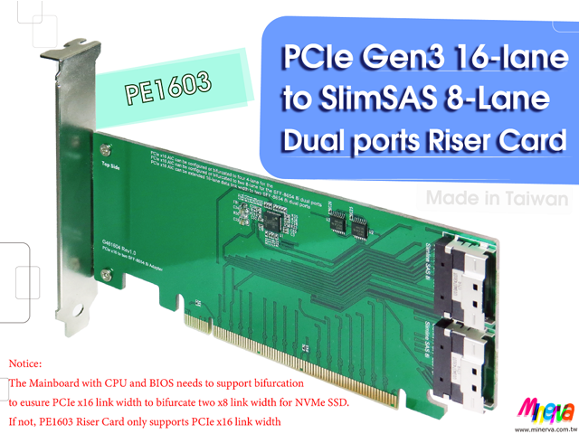 PE1603 - PCIe Gen3 16-Lane for SlimSAS 8i (SFF-8654) Dual ports Riser ...